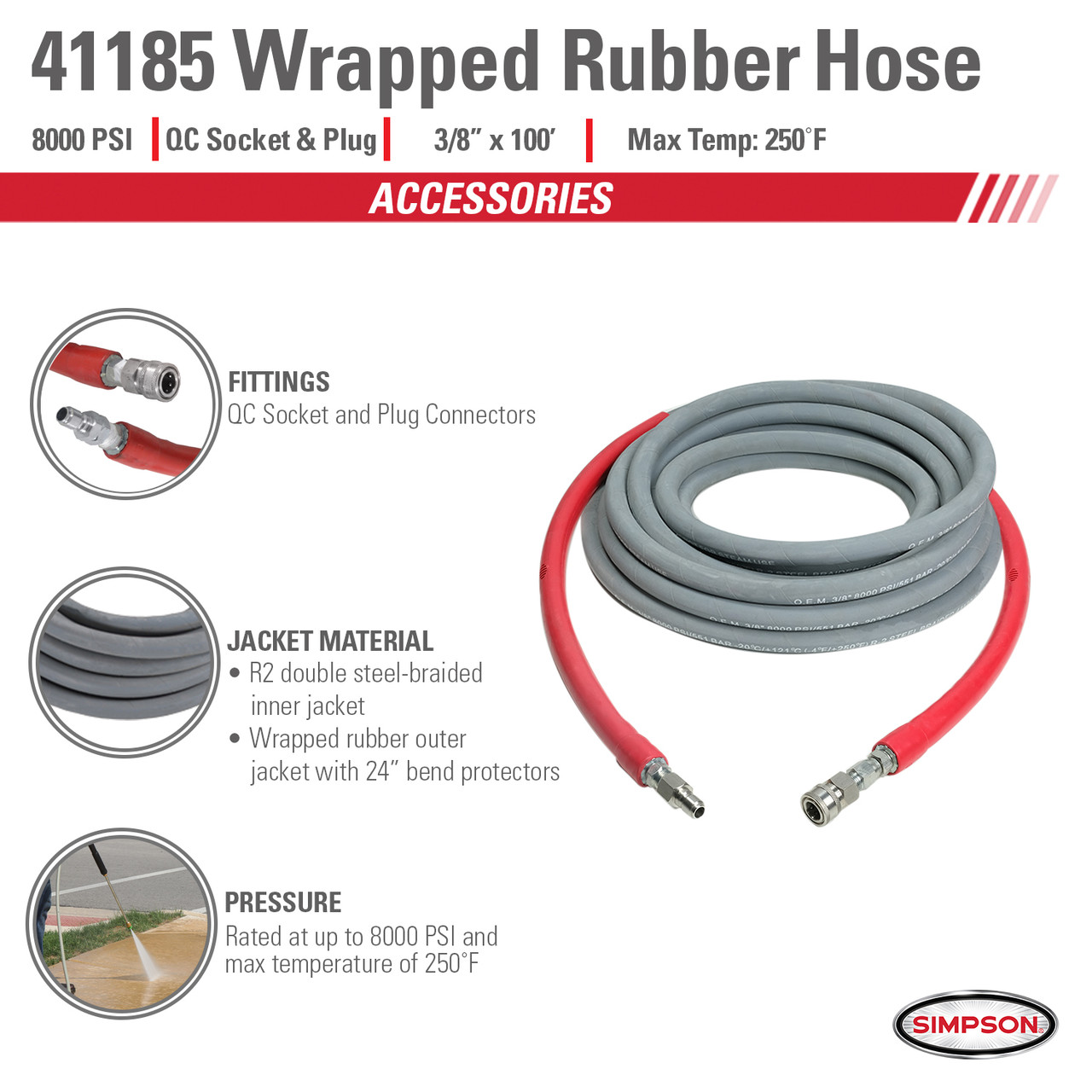 Simpson 41185 Wrapped Rubber Hose, 8000 psi, 3/8" x 100 ft - Spraywell