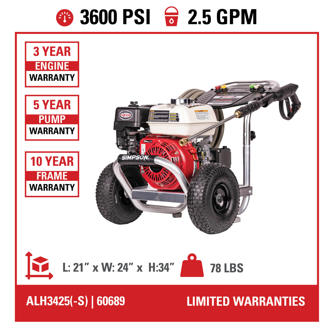 ALH3425 Aluminum Frame Professional 3600 PSI 2.5 GPM (Gas - Cold Water ...