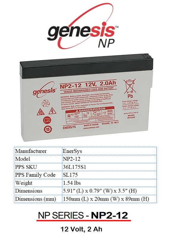 Genesis Yuasa NP2-12 Battery - 12V 2.0Ah Sealed Rechargeable