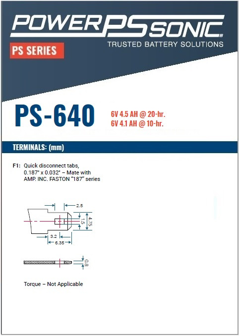 PowerSonic PS-640 6 Volt 4.5 AH SLA Battery w/F1 Terminals
