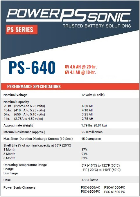 PowerSonic PS-640 6 Volt 4.5 AH SLA Battery w/F1 Terminals