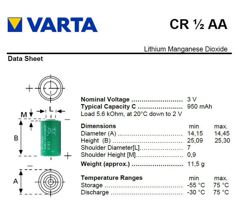 Varta CR1/2AA, 6127-101-301, 3 Volt, 950mAh 1/2AA Lithium Battery