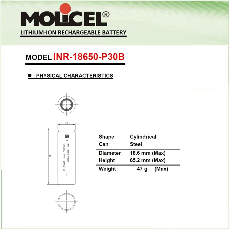 Molicel INR18650-P30B, 3.6 Volt 3000mAh Lithium-Ion Cell