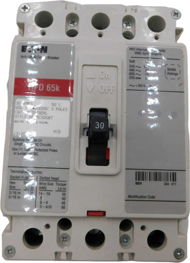 Eaton HFD3030VL Molded Case Breakers (MCCBs) HFD 3P 30A 600V 50/60Hz ...