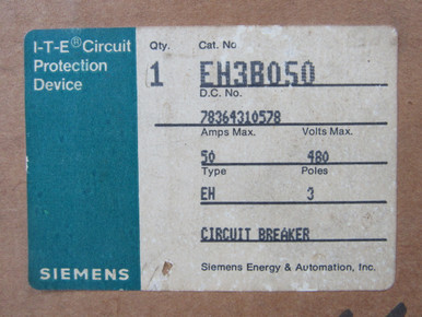 Siemens EH3-B050 Molded Case Breakers (MCCBs) EH 3P 50A 480V 50/60Hz 3Ph