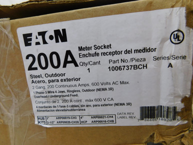 Eaton 1006737BCH Meter Sockets Ringless 200A 600V 50/60Hz 1Ph 2 ...
