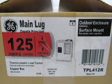 GE TPL412R Loadcenters and Panelboards 125A 240V 50/60Hz 1Ph 1Wire 8Cir 4Sp NEMA 3R