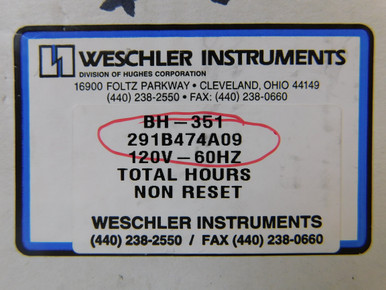 Weschler Instruments 291B474A09 Energy Meters Hour Meter 120V 60 Hz