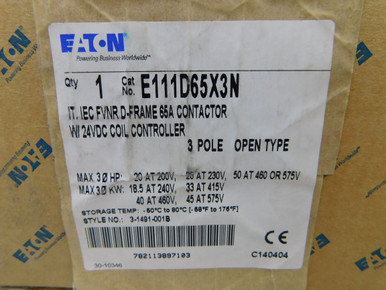 Eaton E111D65X3N Other Contactors Open 3P 65A 24V 3Ph 50HP D Frame