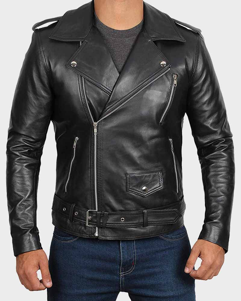 Asymmetrical Style Black Leather Jacket For Men