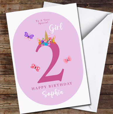 2nd Girl Unicorn Number Two Any Age Personalised Birthday Card - Party ...