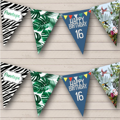 Jungle Bright Tropical Leaves Animals Birthday Age Personalised Banner ...