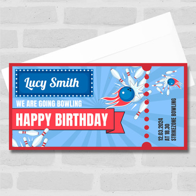 Blue Red Bowling Pins Going Bowling Personalised Surprise Ticket Gift ...