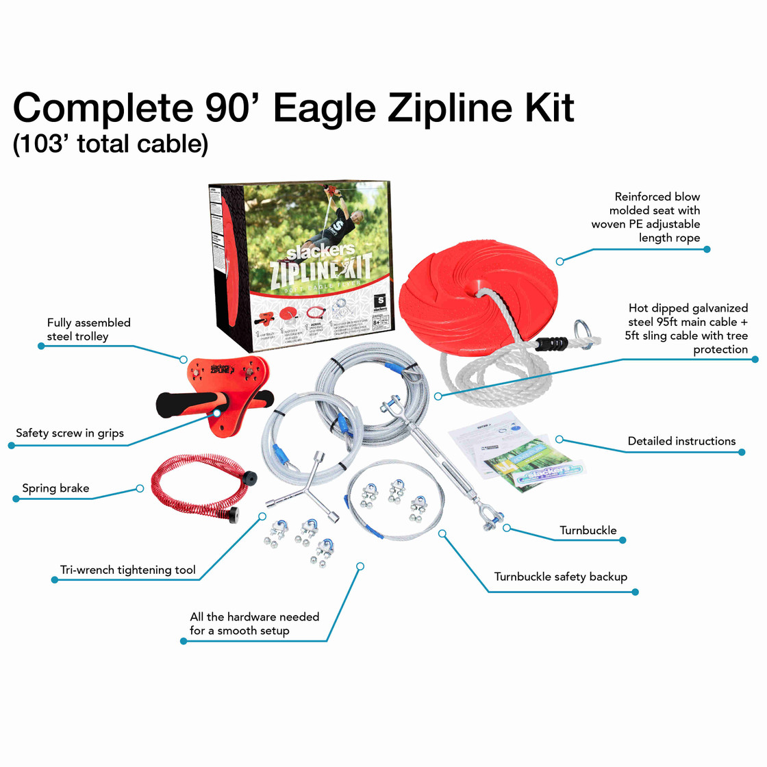Slackers 90 ft Eagle Zipline Kit with Spring Brake - SwingSetMall.com