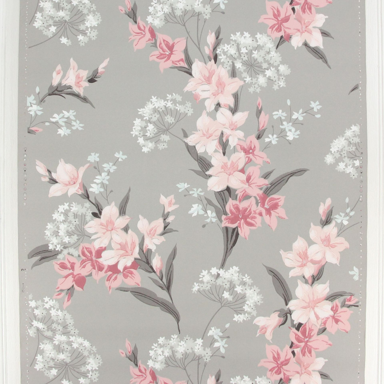 1940s Vintage Wallpaper Pink Flowers on Gray - Rosie's Vintage Wallpaper