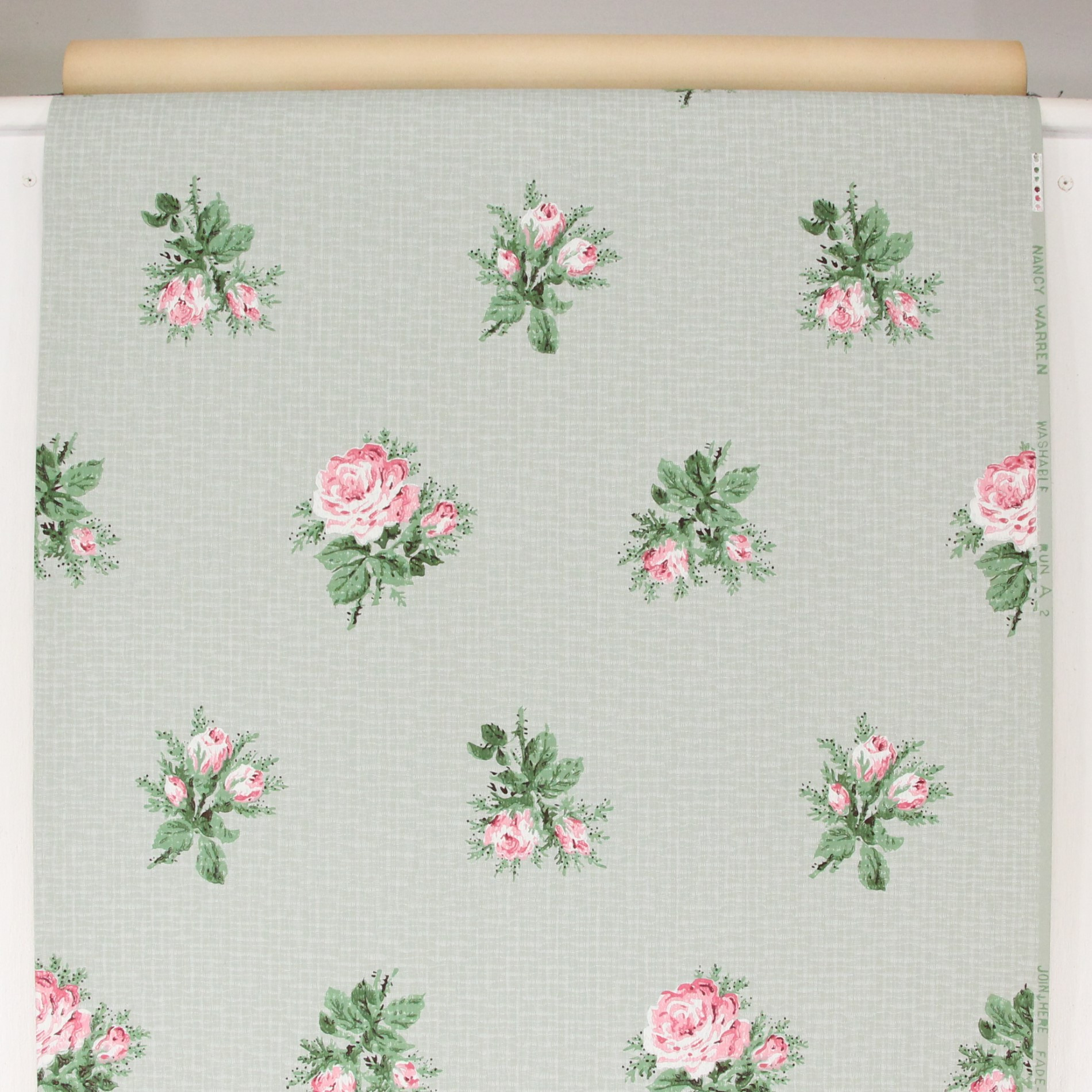 1950s Vintage Wallpaper Pink Roses on Green Nancy Warren - Rosie's ...