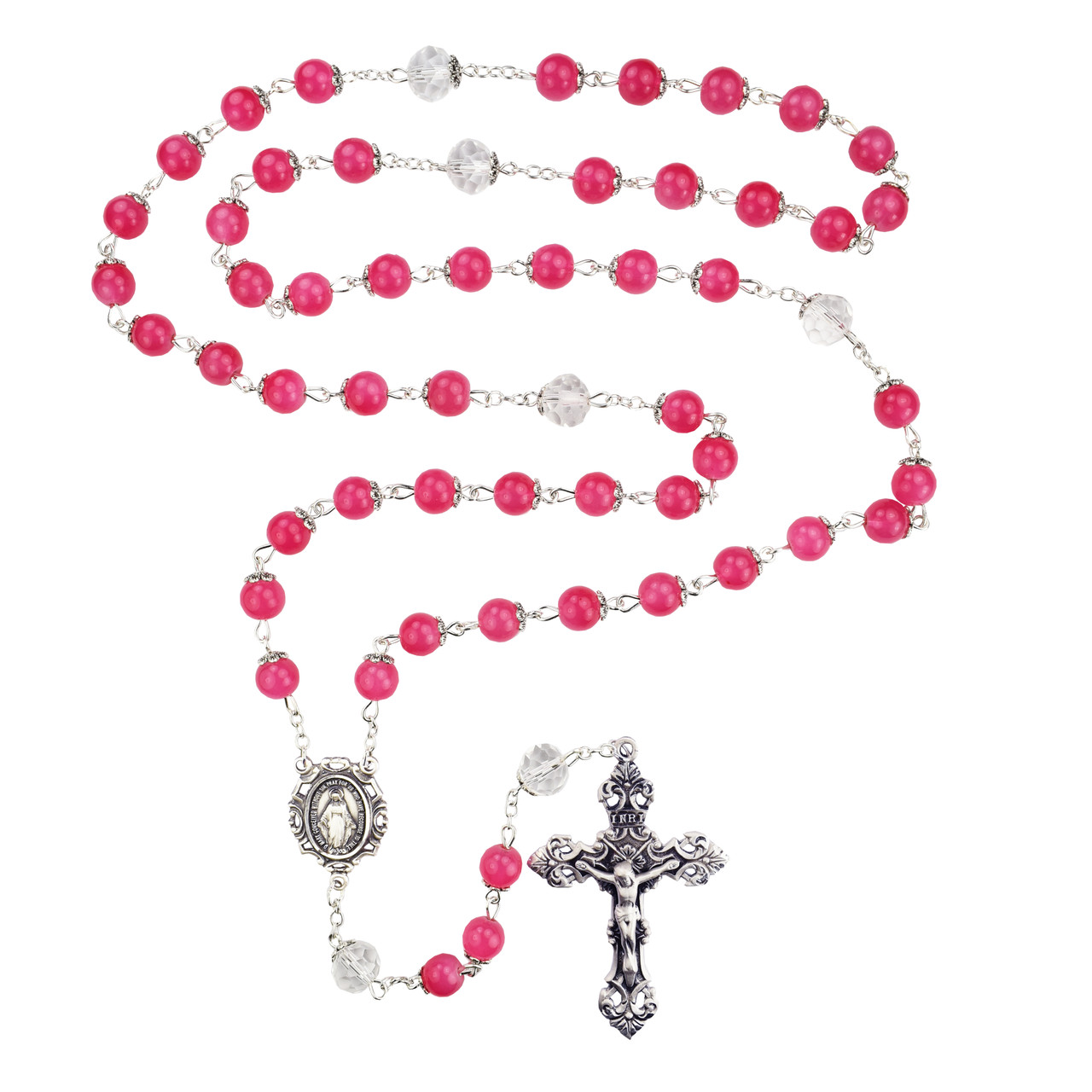 (XT112) STERLING PINK & CRYSTAL ROSARY - McVan
