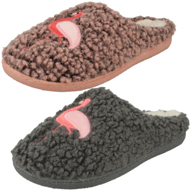 Ladies Jyoti Flamingo Detailed Warm Lined Slippers - Fizz