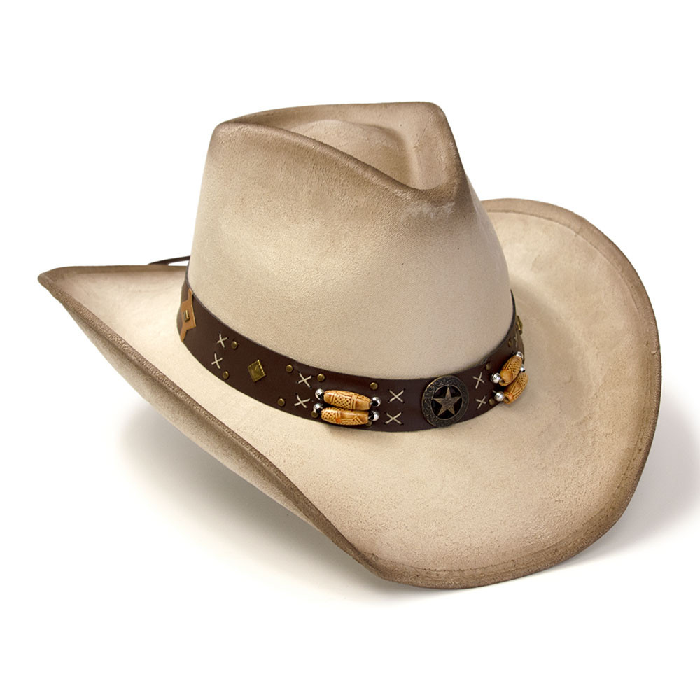 Beige & Buff Suede Finish Western Pinch Front Hat with Star Concho ...