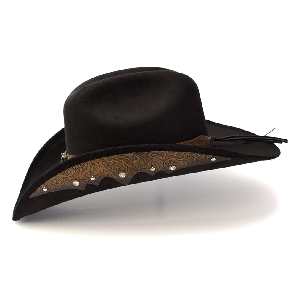 Black Suede Finish Western Hat with Steer Skull on Hat Band & Leather ...