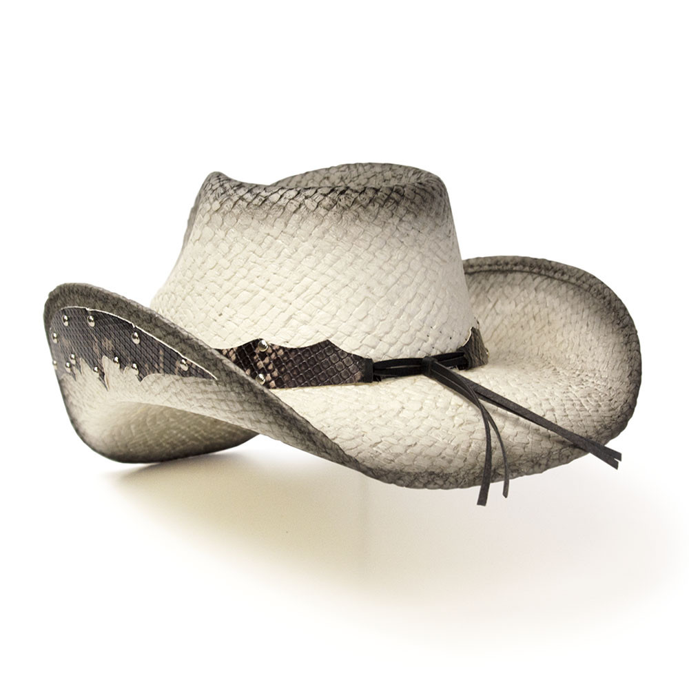 Straw Western Pinch Front Hat with Gray Trim, Sunburst Concho Hat Band ...