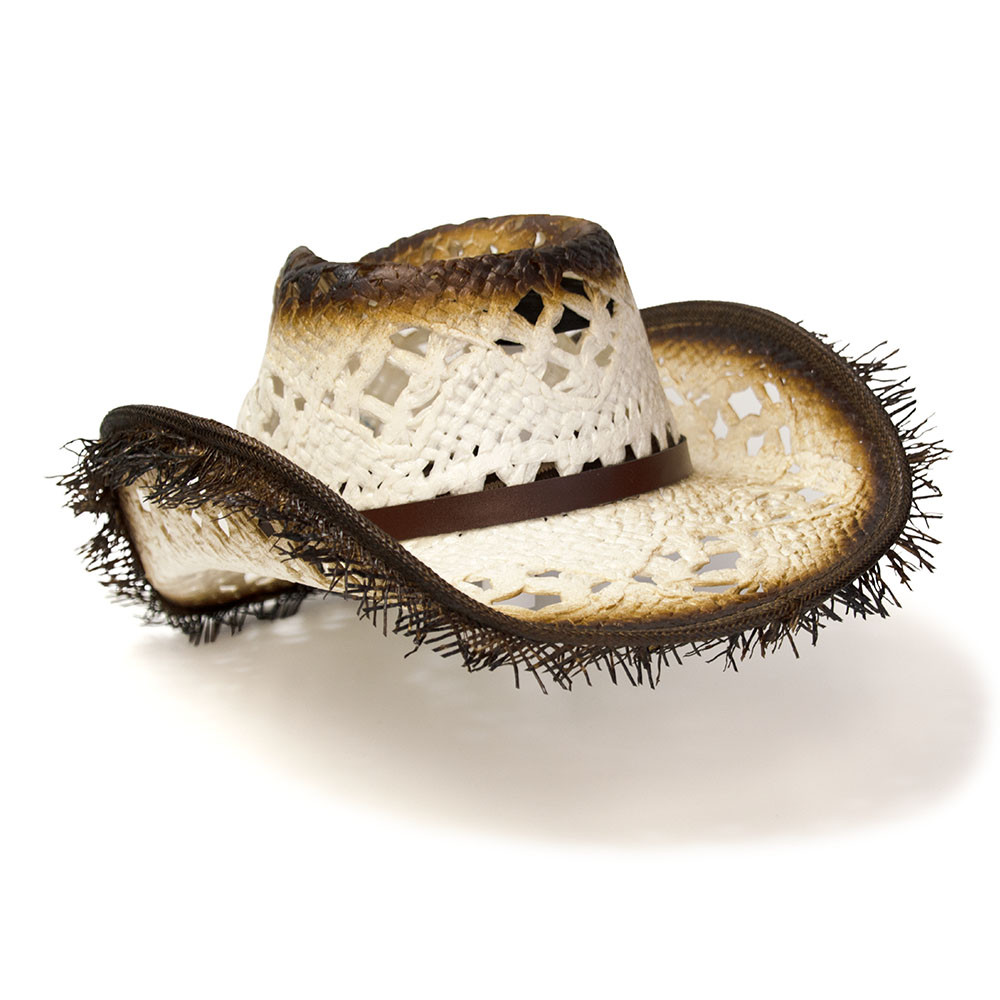 White Straw Western Pinch Front Hat with Frayed Tan Trim - Western Express