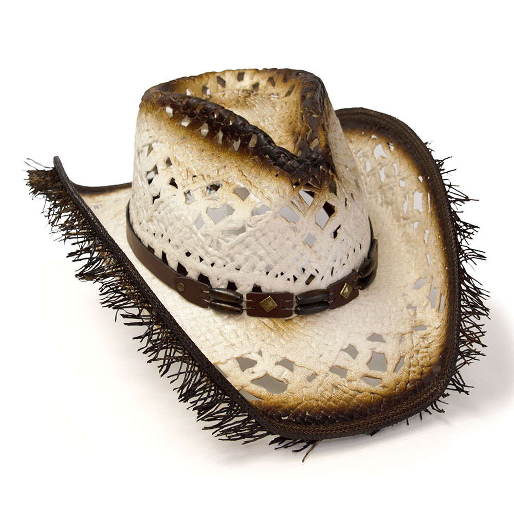 White Straw Western Pinch Front Hat with Frayed Tan Trim - Western Express