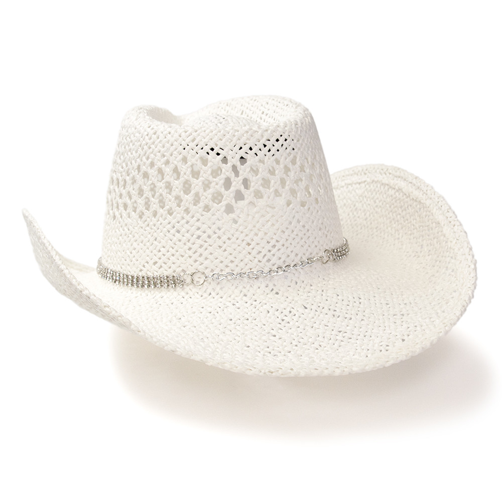 White Twisted Straw Western Pinch Front Hat with Rhinestone Hat Band ...