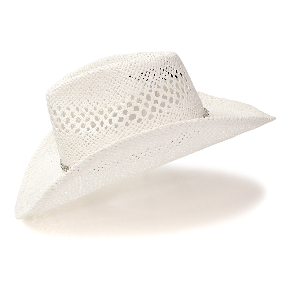 White Twisted Straw Western Pinch Front Hat with Rhinestone Hat Band ...