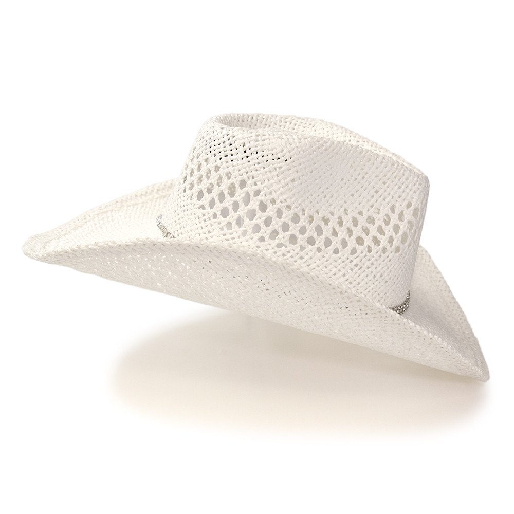 White Twisted Straw Western Pinch Front Hat with Rhinestone Hat Band ...