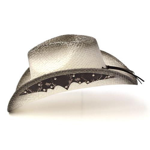 Straw Western Pinch Front Hat with Gray Trim, Sunburst Concho Hat Band ...