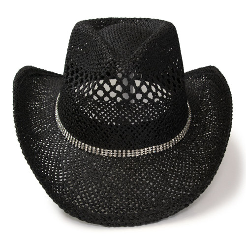 Black Twisted Straw Western Pinch Front Hat with Rhinestone Hat Band ...