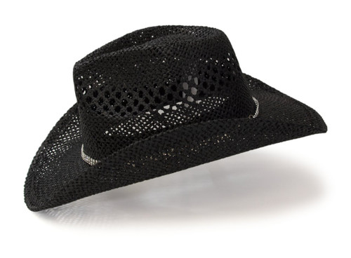 Black Twisted Straw Western Pinch Front Hat with Rhinestone Hat Band ...