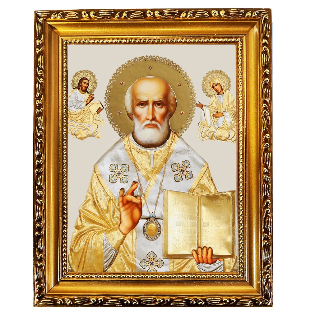 Saint Nicholas (gold foil) in wooden frame, large standing icon ...