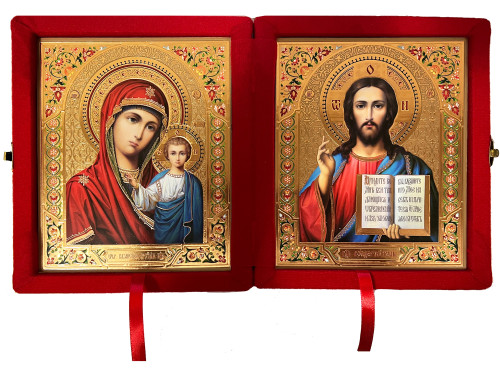 Diptych: Virgin of Kazan and Christ the Teacher in red velvet case ...