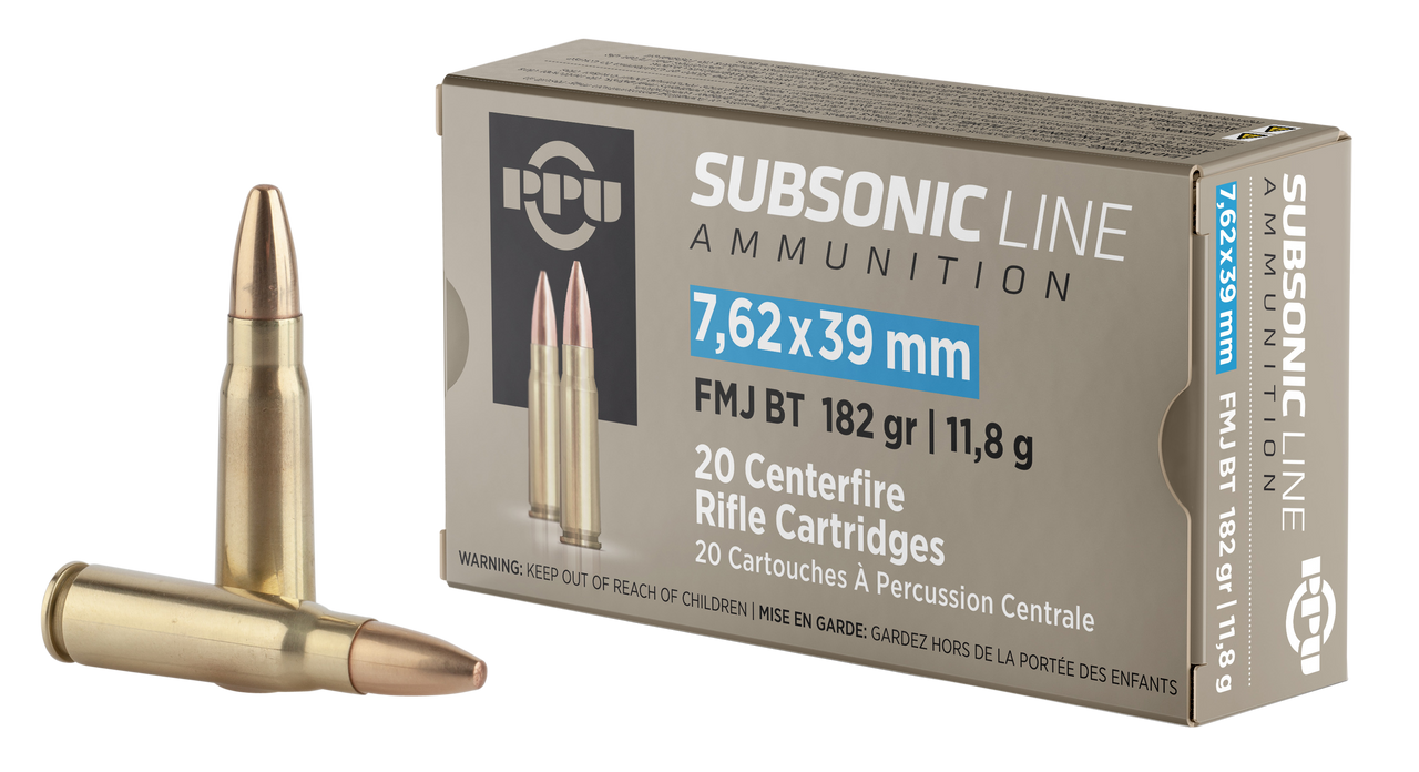 PPU Subsonic Ammo 7.62x39 182gr FMJ 1033 FPS 20/box