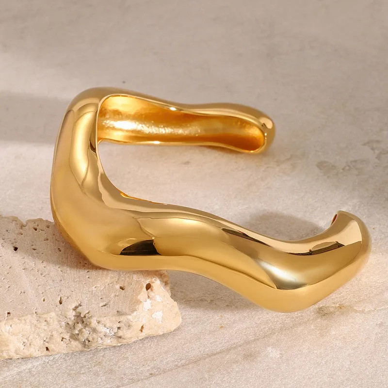 Waterproof Chunky Gold Wave Cuff Bracelet - Nissa Jewelry