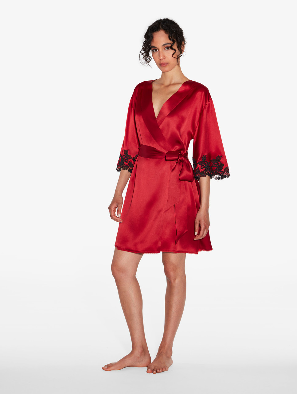 Red silk short robe with black frastaglio - La Perla - Euro