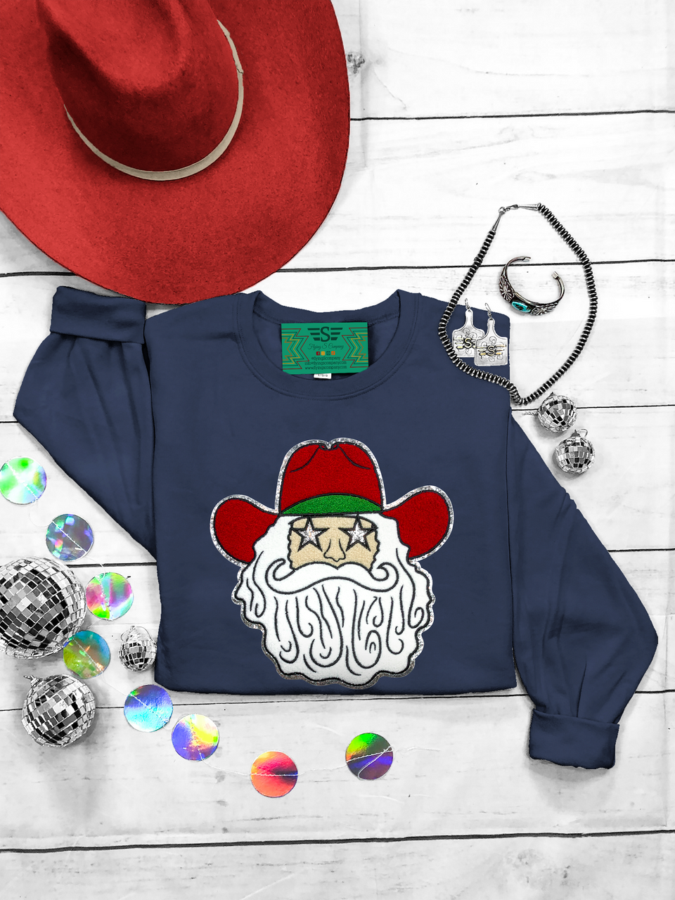 Boujee Cowboy Santa Chenille Patch Crew Sweatshirt - Flying S Company