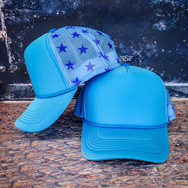 Neon Blue Star Printed Mesh Trucker Cap - Flying S Company