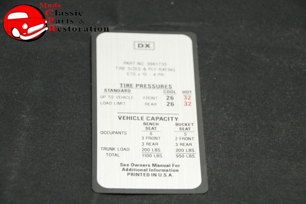 1969 Chevy Camaro Chevelle Nova Tire Pressure Decal E78X14 Ply Gm # Dp ...