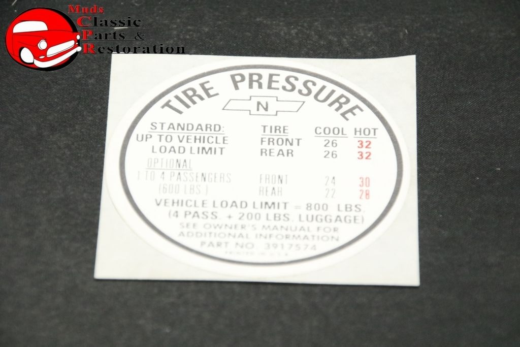 67 Camaro Ss Tire Pressure Decal - Muds Classic Parts