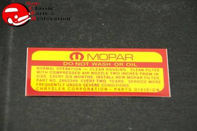 68 69 70 71 72 Mopar Air Cleaner Lid Decal, Dodge & Plymouth #2863349