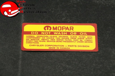 66 Mopar Plymouth Dodge 318 Air Cleaner Service Instructions Decal