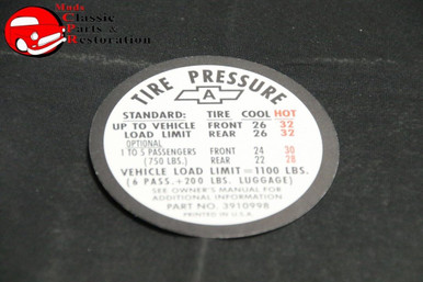 67 Chevelle Ss Tire Pressure Decal Gm # 3910996