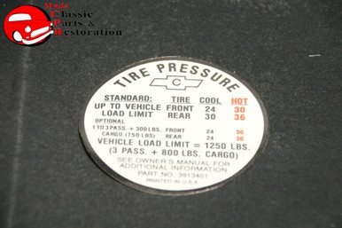 67 El Camino Tire Pressure Decal Gm Part # C 3913401