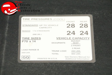 70 Camaro Ss Tire Pressure Decal F60X14 Tires Gm # Gq 3991344