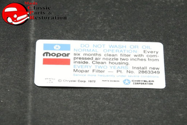 72 73 74 Challenger, Dart, Charger Mopar Air Cleaner Decal - Blue Print