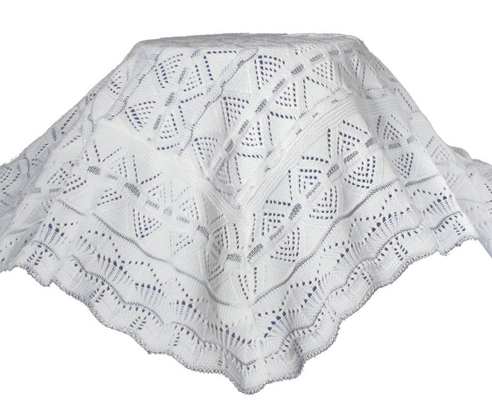 White Knit Shawl with Diamond Pattern and Bow