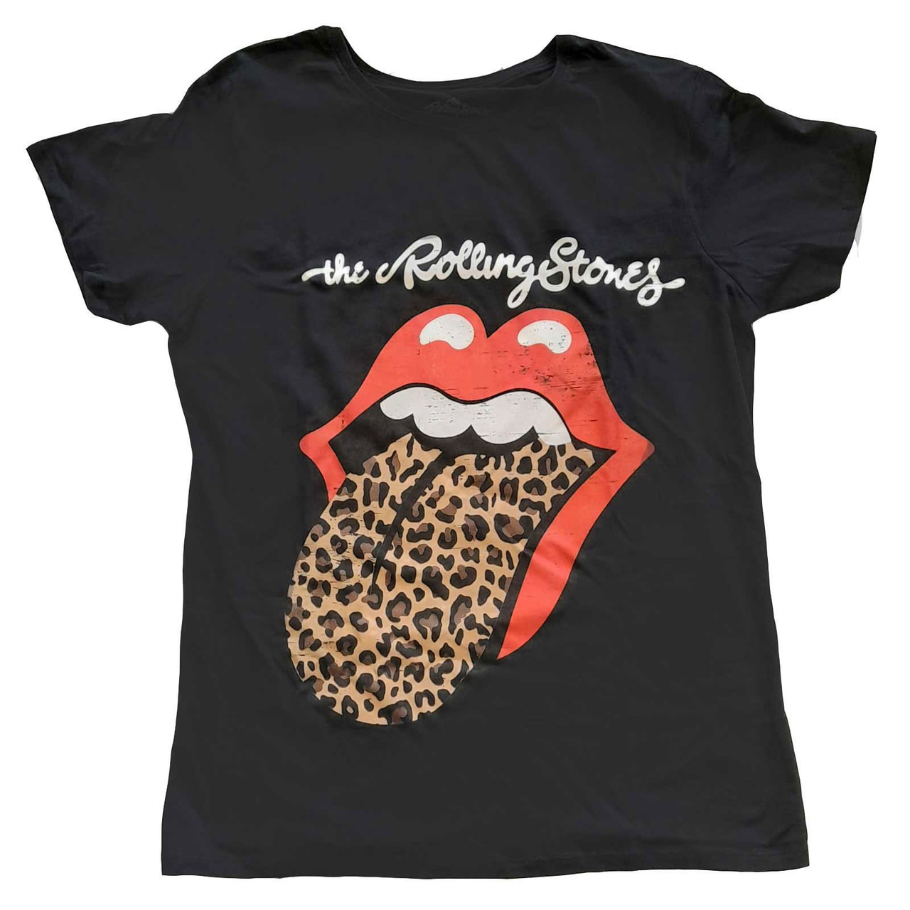 The Rolling Stones 'Leopard Print Tongue' (Black) Womens Fitted T-Shirt ...
